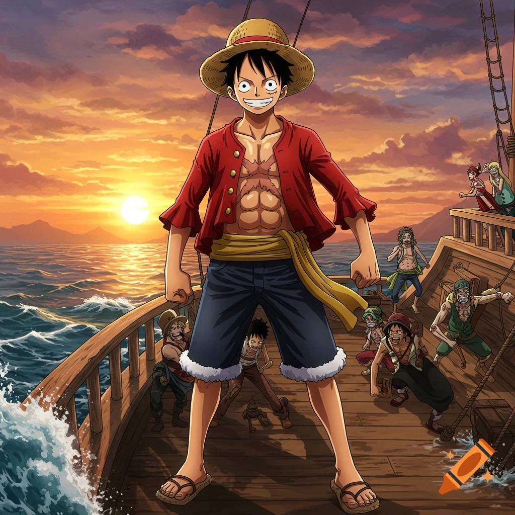 Anime illustration of Monkey D. Luffy and his Straw Hat Pirate crew on ...