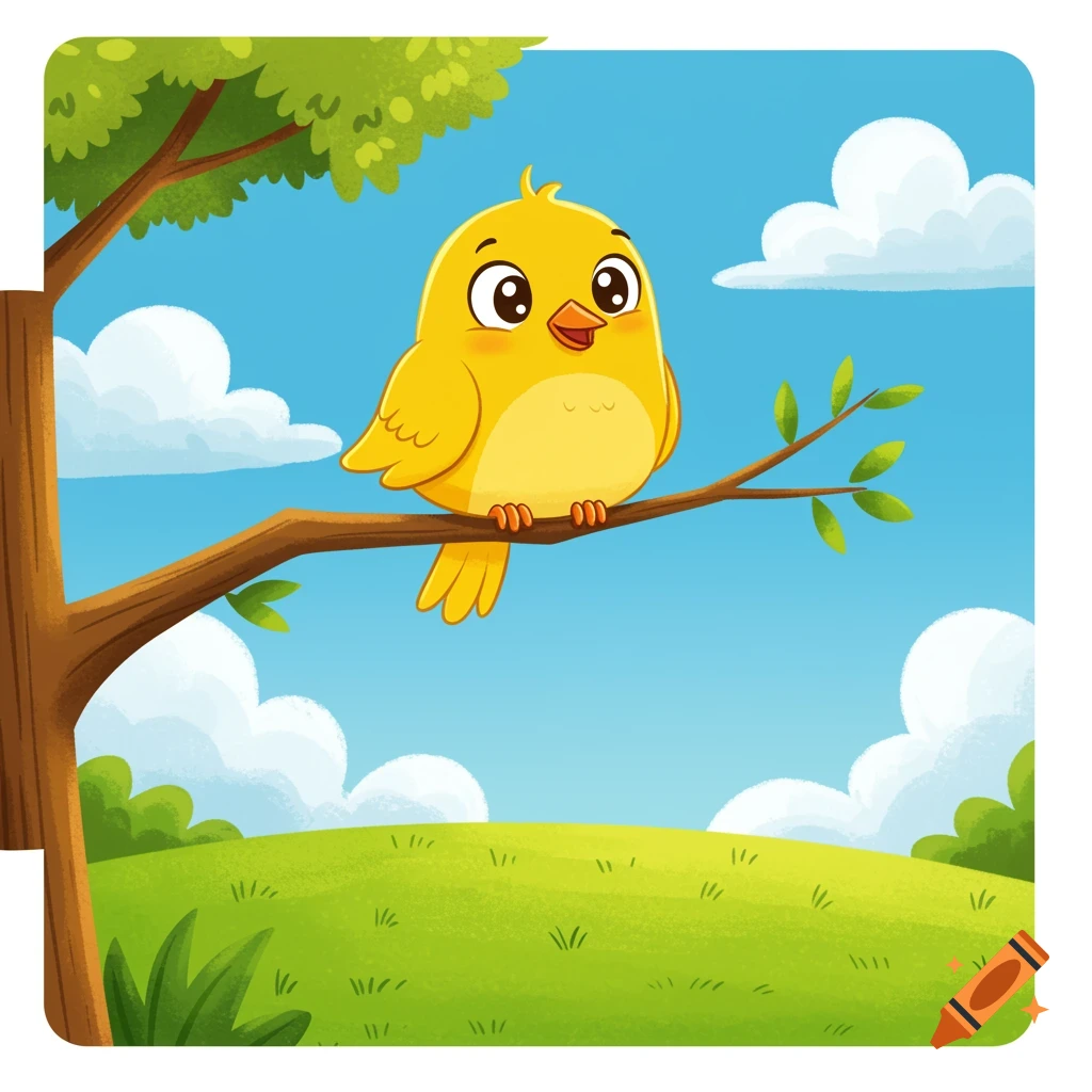 A yellow cartoon bird perches on a tree branch against a blue sky with ...