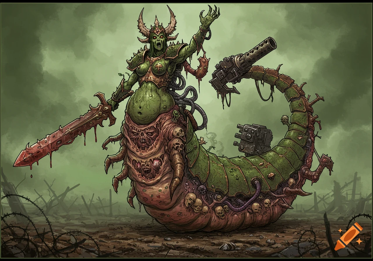 A grotesque, green-skinned female Nurgle daemon with a horned crown, a ...