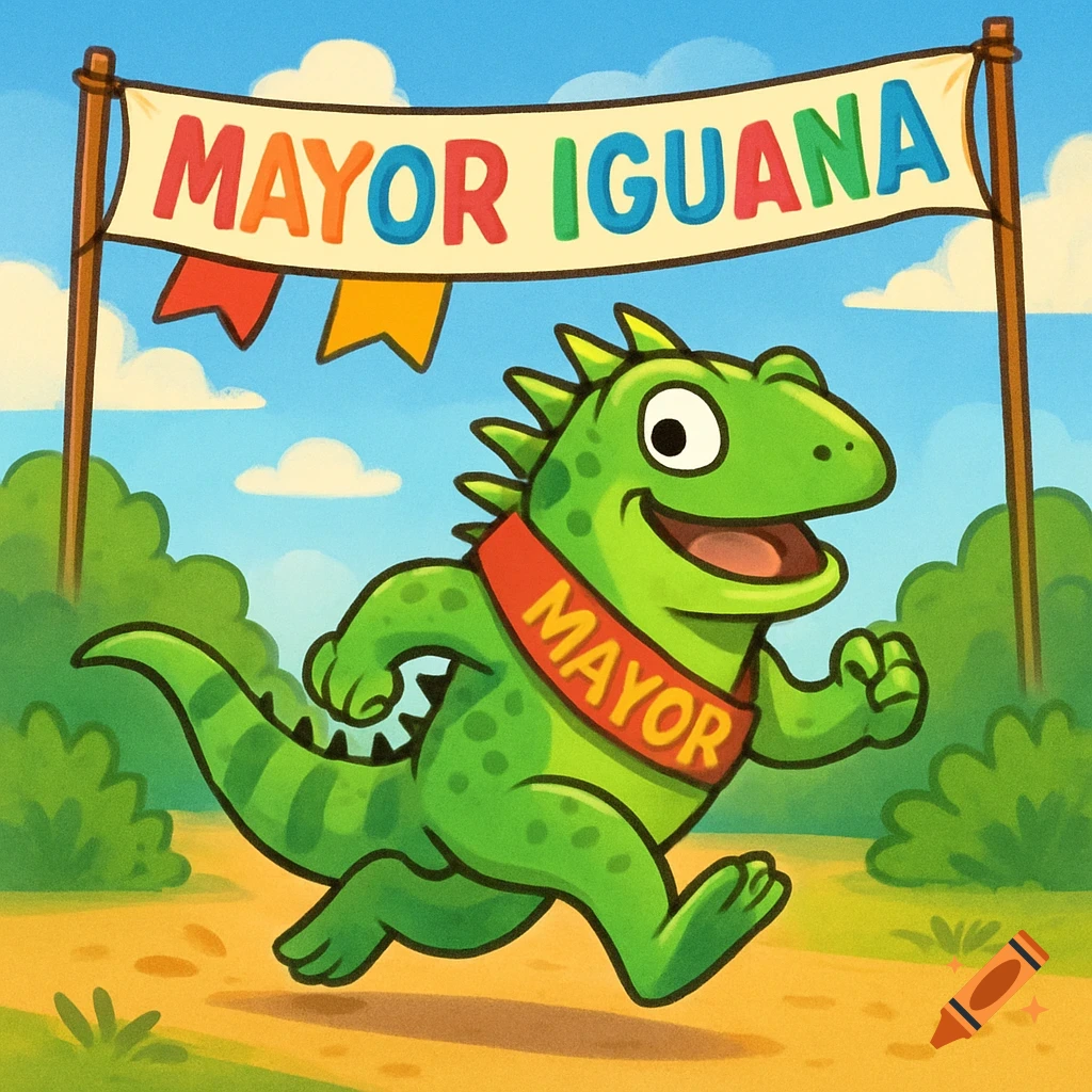 A cheerful cartoon iguana wearing a red 'Mayor' sash runs under a ...