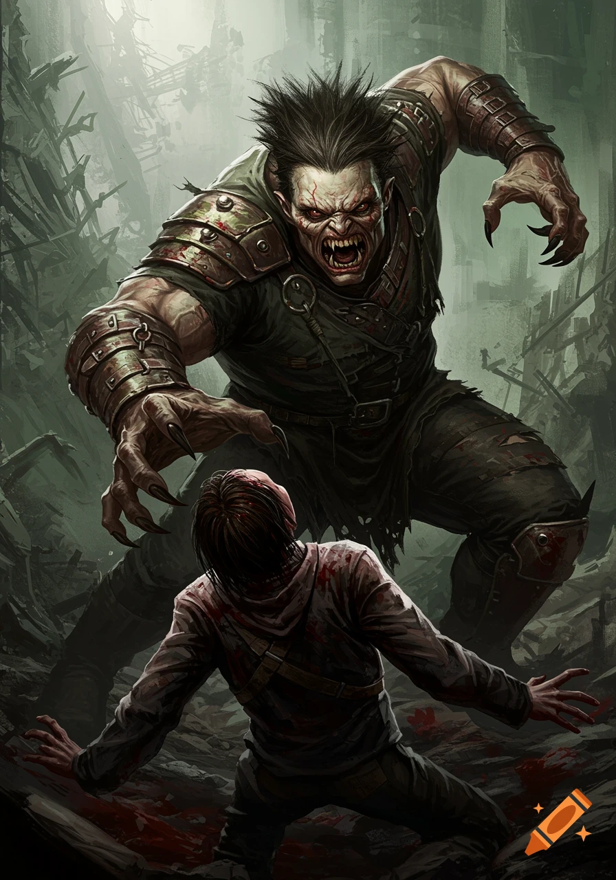 A large, fanged creature with glowing red eyes and sharp claws looms ...