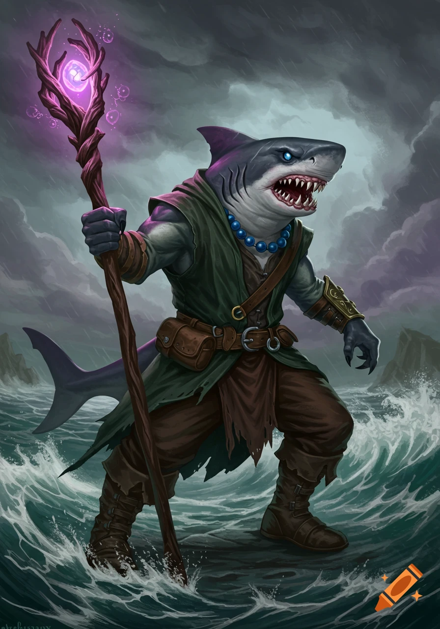 A humanoid shark wizard with blue eyes and sharp teeth stands in stormy ...