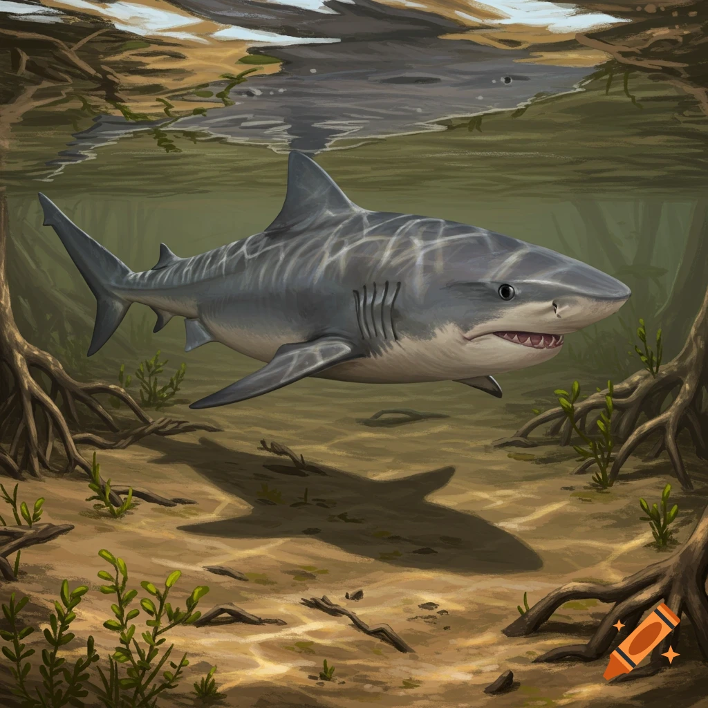 A bull shark swims just below the water surface, with mangrove roots ...