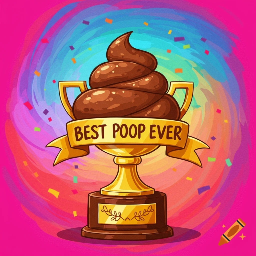 A cartoon-style golden trophy topped with a swirling pile of brown poop ...