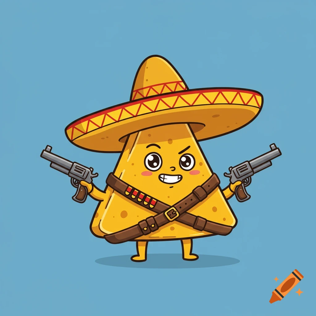 Cartoon angry nacho chip with a sombrero and bandoliers holding two ...