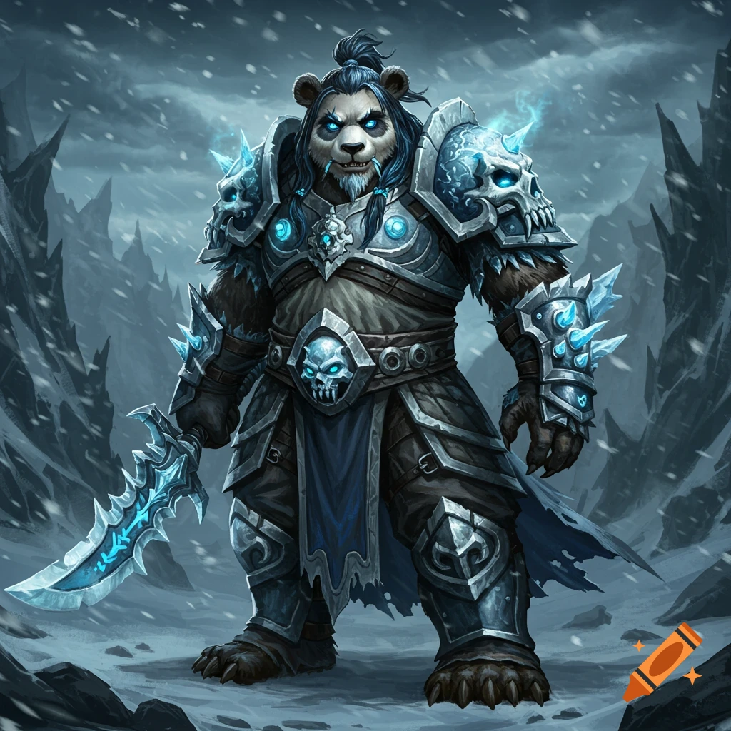 A large anthropomorphic panda character, a Pandaren, in ornate blue and ...