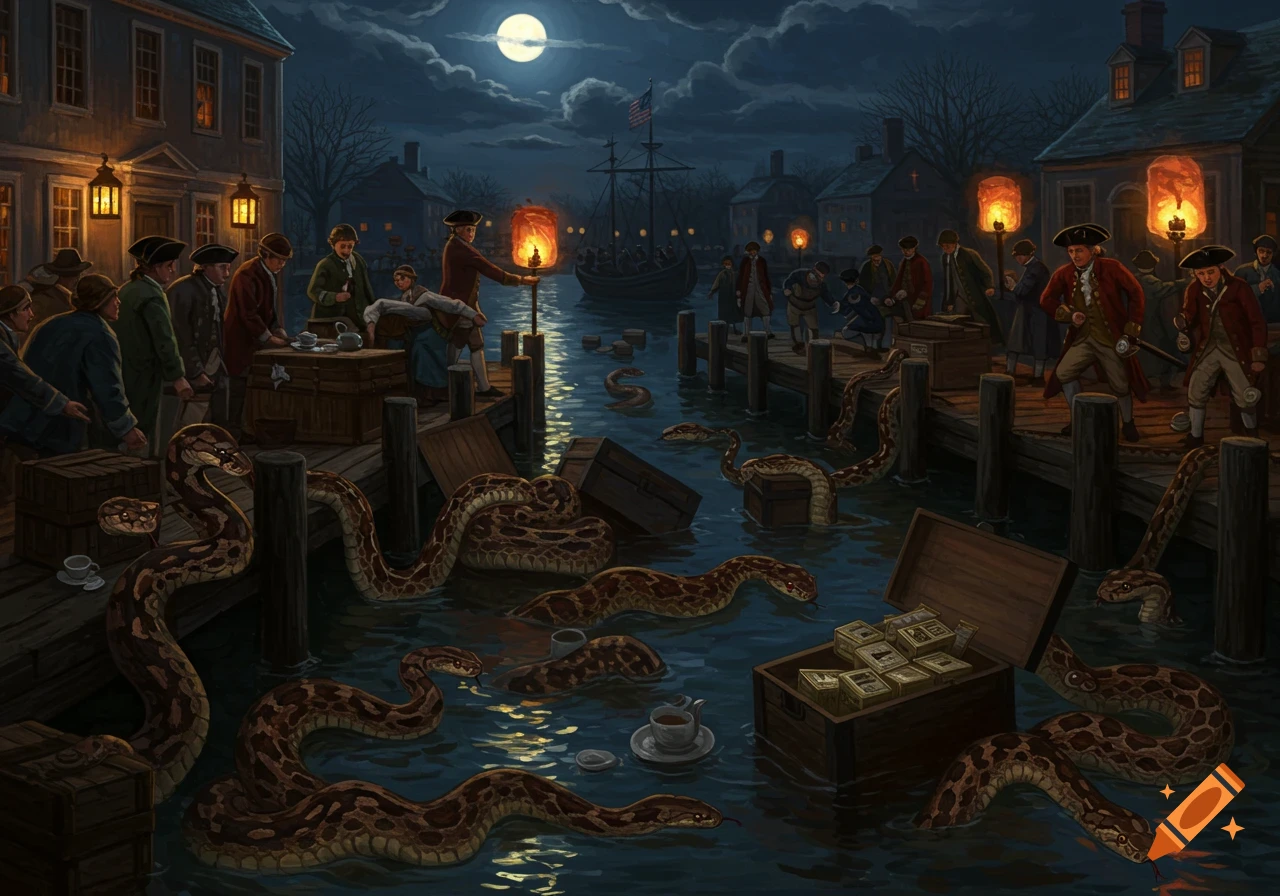 A dark, fantastical illustration of the Boston Tea Party at night, with ...
