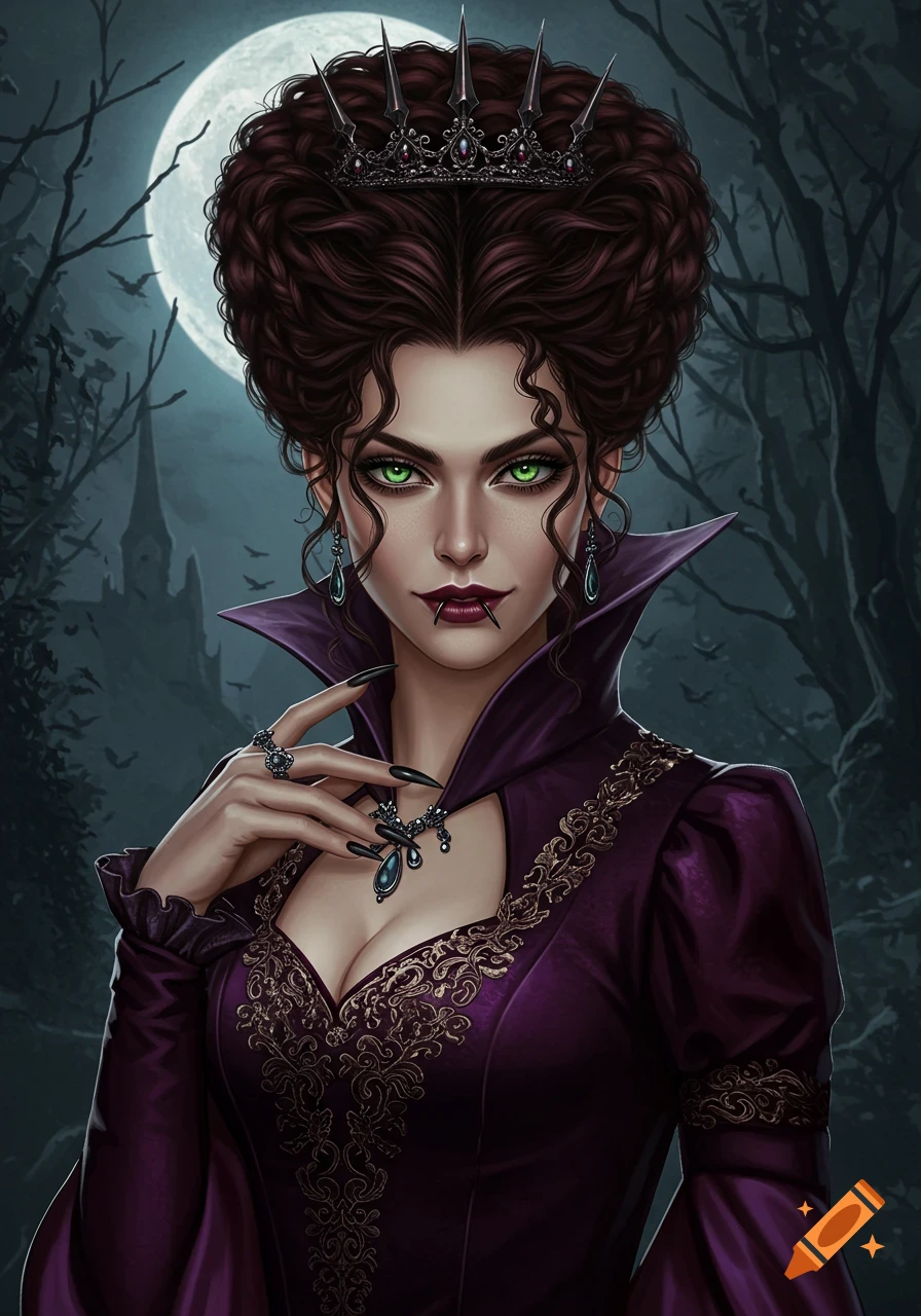 A detailed digital painting of a gothic queen with green eyes, fangs ...