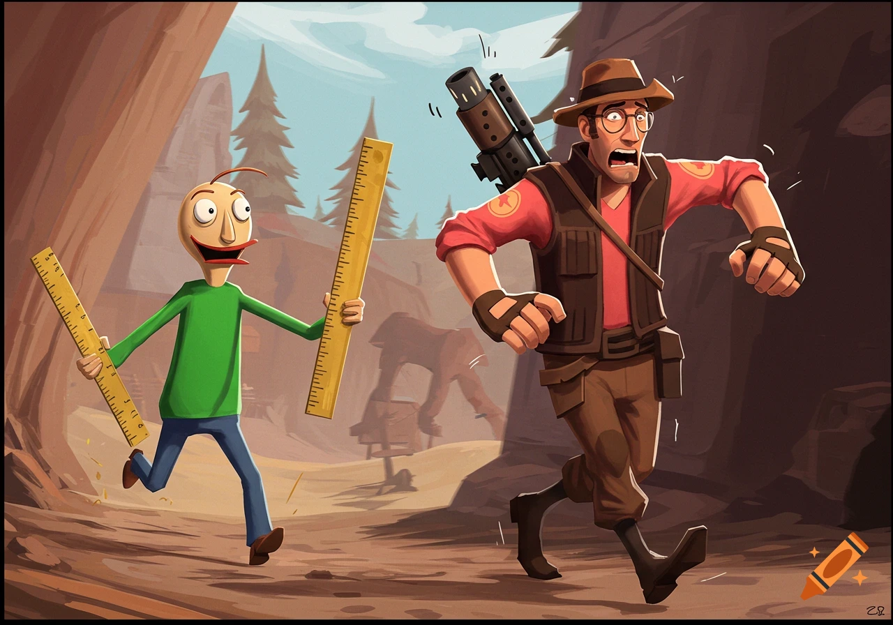 Cartoon illustration of a frightened Sniper from TF2 running from Baldi ...