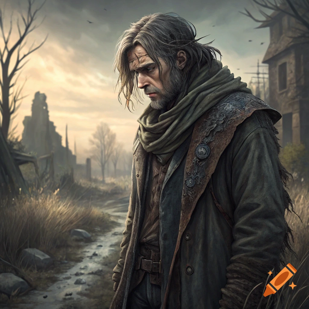 A weathered man with long hair and beard, wearing a scarf and coat ...