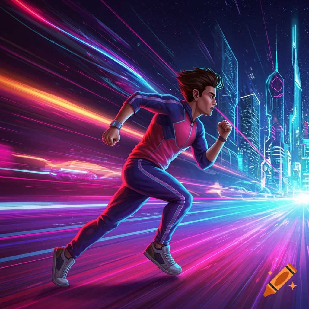 A man running with superspeed through a vibrant, neon-lit futuristic ...