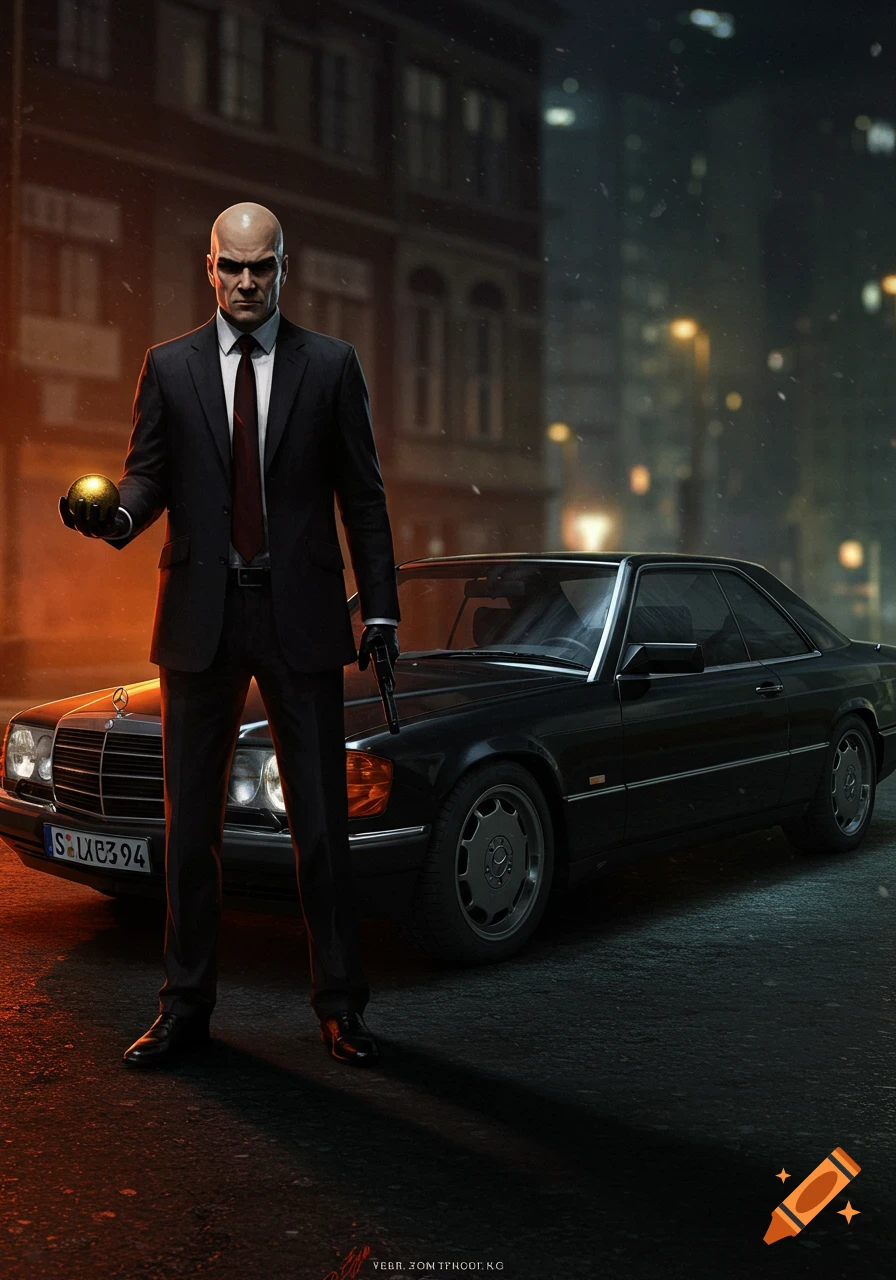 A bald man in a suit, Agent 47, stands next to a black Mercedes car on ...
