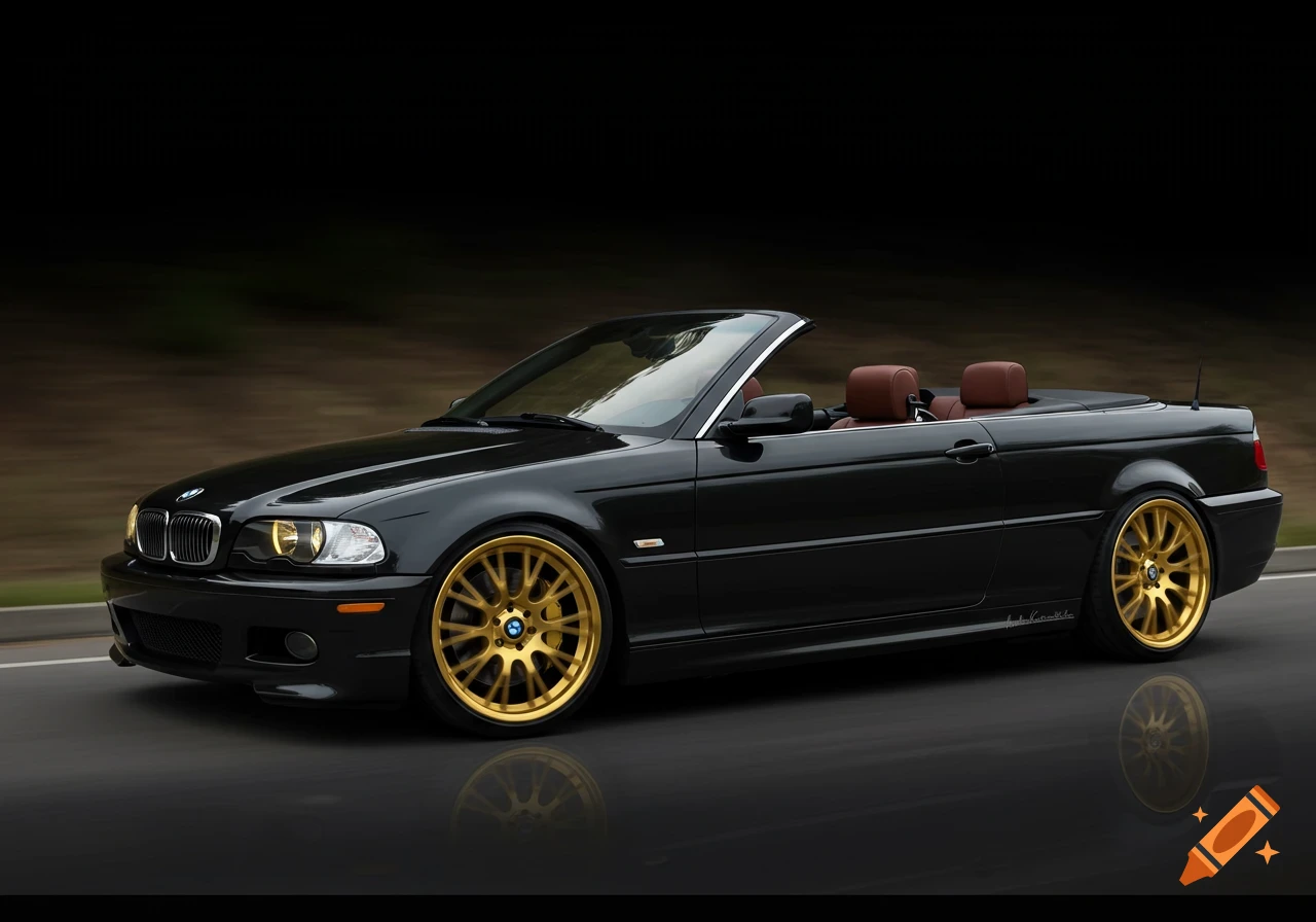 A black BMW E46 convertible with gold wheels drives on a road, captured with a motion blur ...