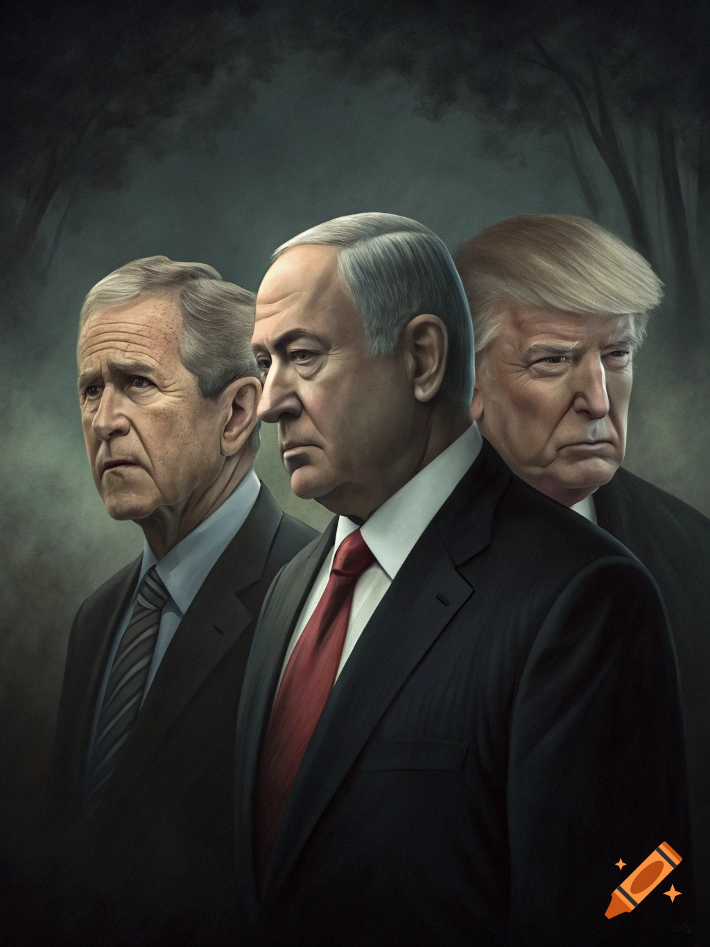 Ominous portrait of George W. Bush, Benjamin Netanyahu, and Donald ...