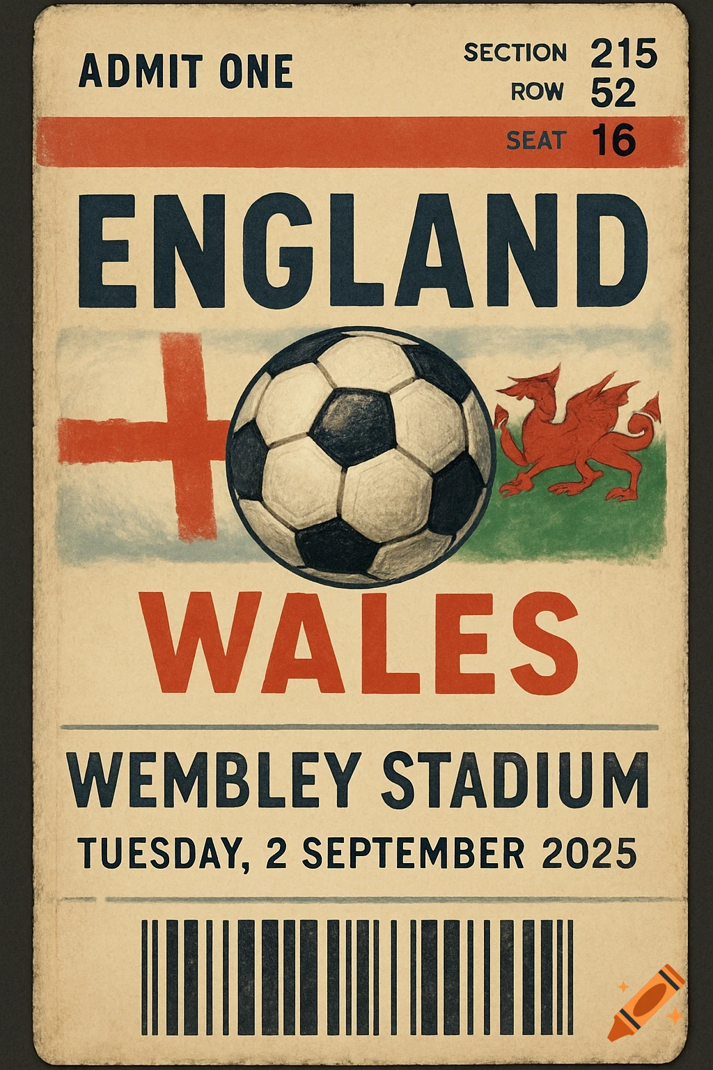 Vintage-style football ticket for England vs. Wales at Wembley Stadium ...