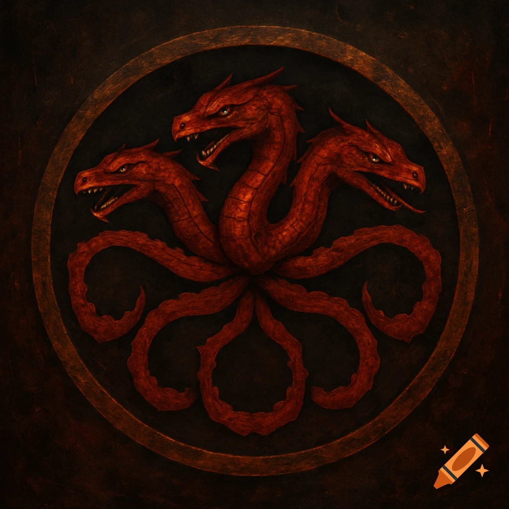 A dark, circular emblem features a red, three-headed hydra with ...