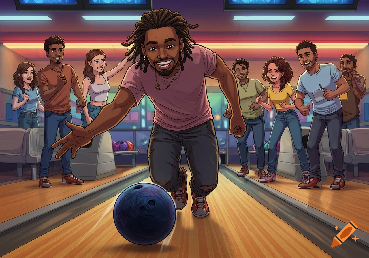 A smiling Black man with dreadlocks bowls, extending his arm towards a ...