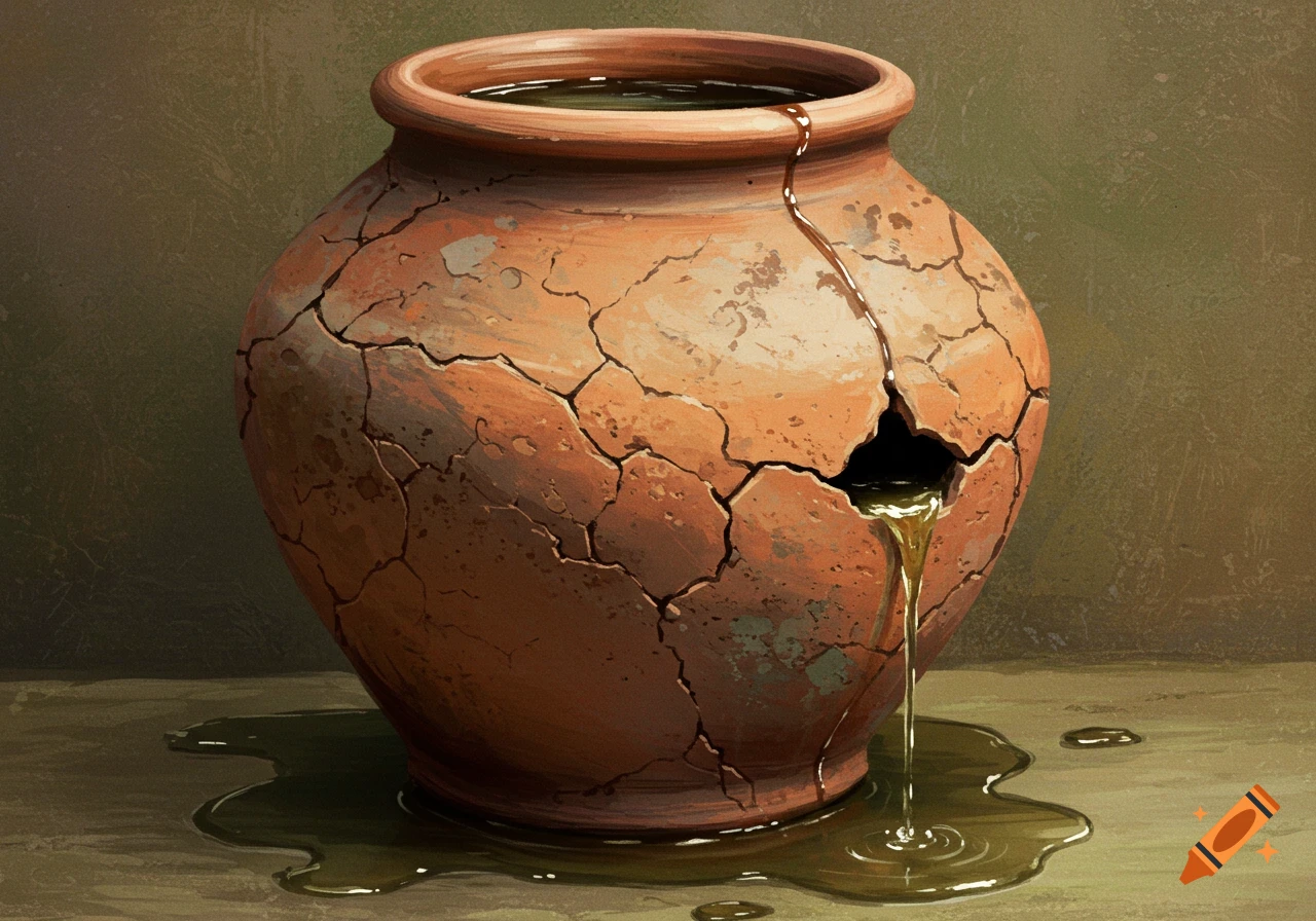 A cracked terracotta clay pot leaks a clear liquid onto a surface, pooling below. Painterly ...