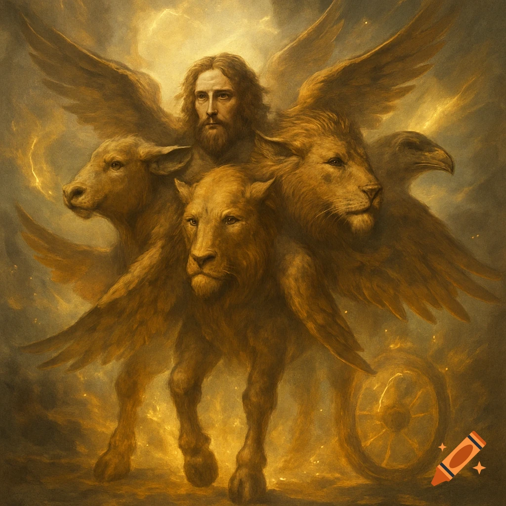 A multi-faced winged creature with human, lion, ox, and eagle heads ...