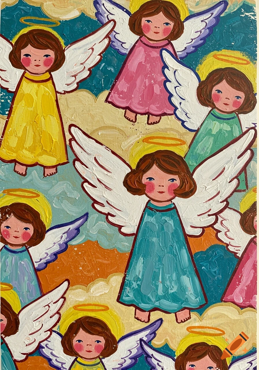 A colorful, naive folk art painting of multiple angels with halos and white wings floating on ...