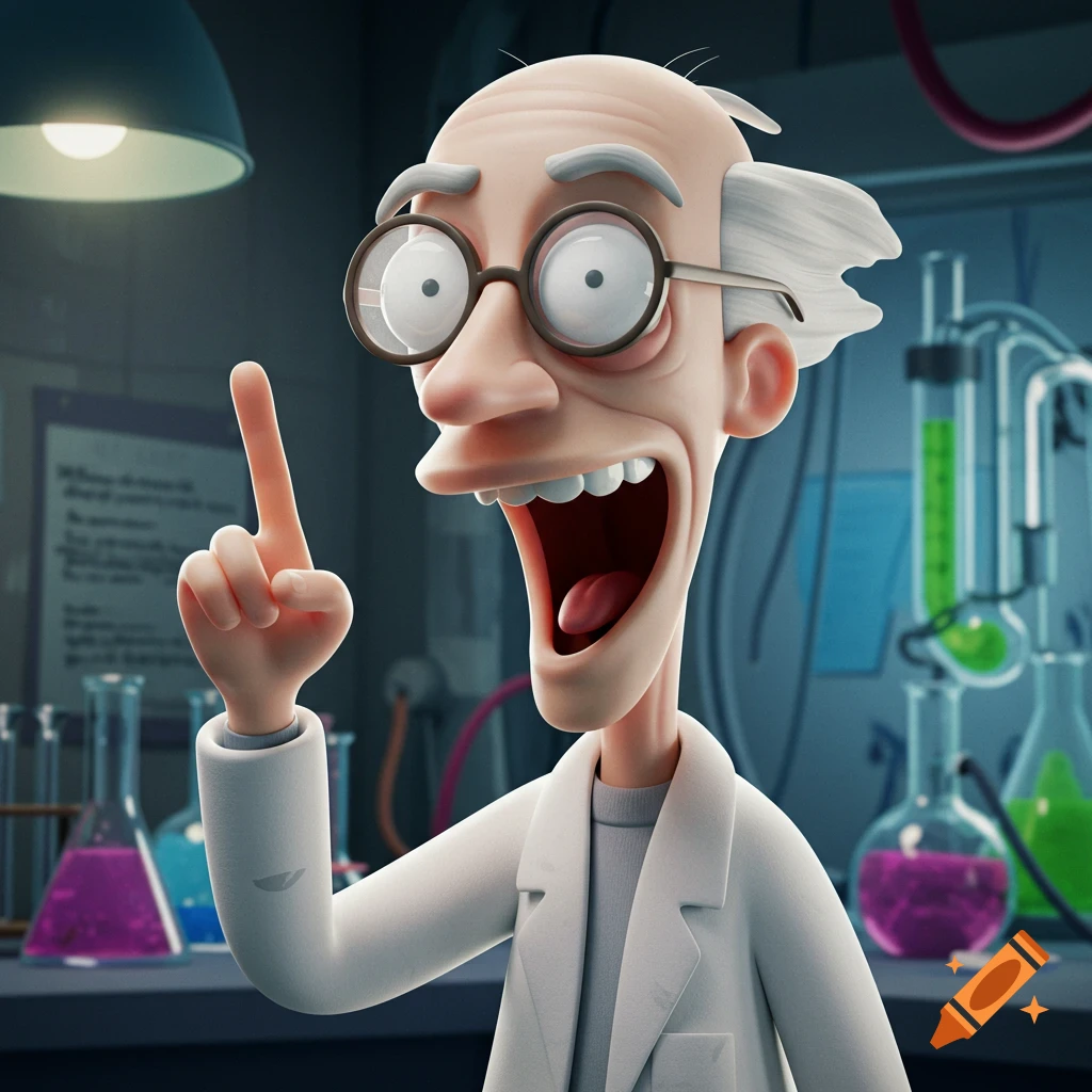 Cartoon old scientist with glasses, white hair, and lab coat, pointing ...