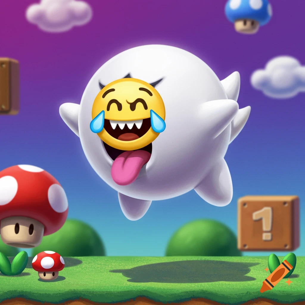 A white ghost from Mario, Boo, with a laughing emoji face, floats over ...