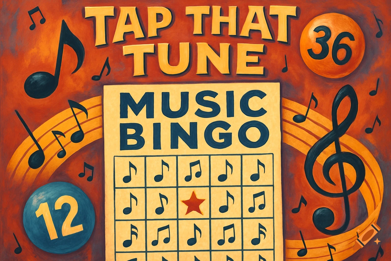 A colorful illustration for a 'Tap That Tune Music Bingo' game ...
