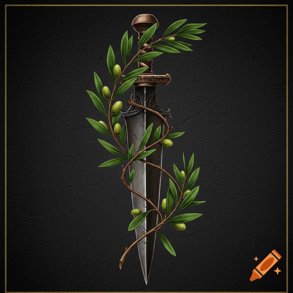 A detailed illustration of a dark dagger with an olive branch wrapped ...