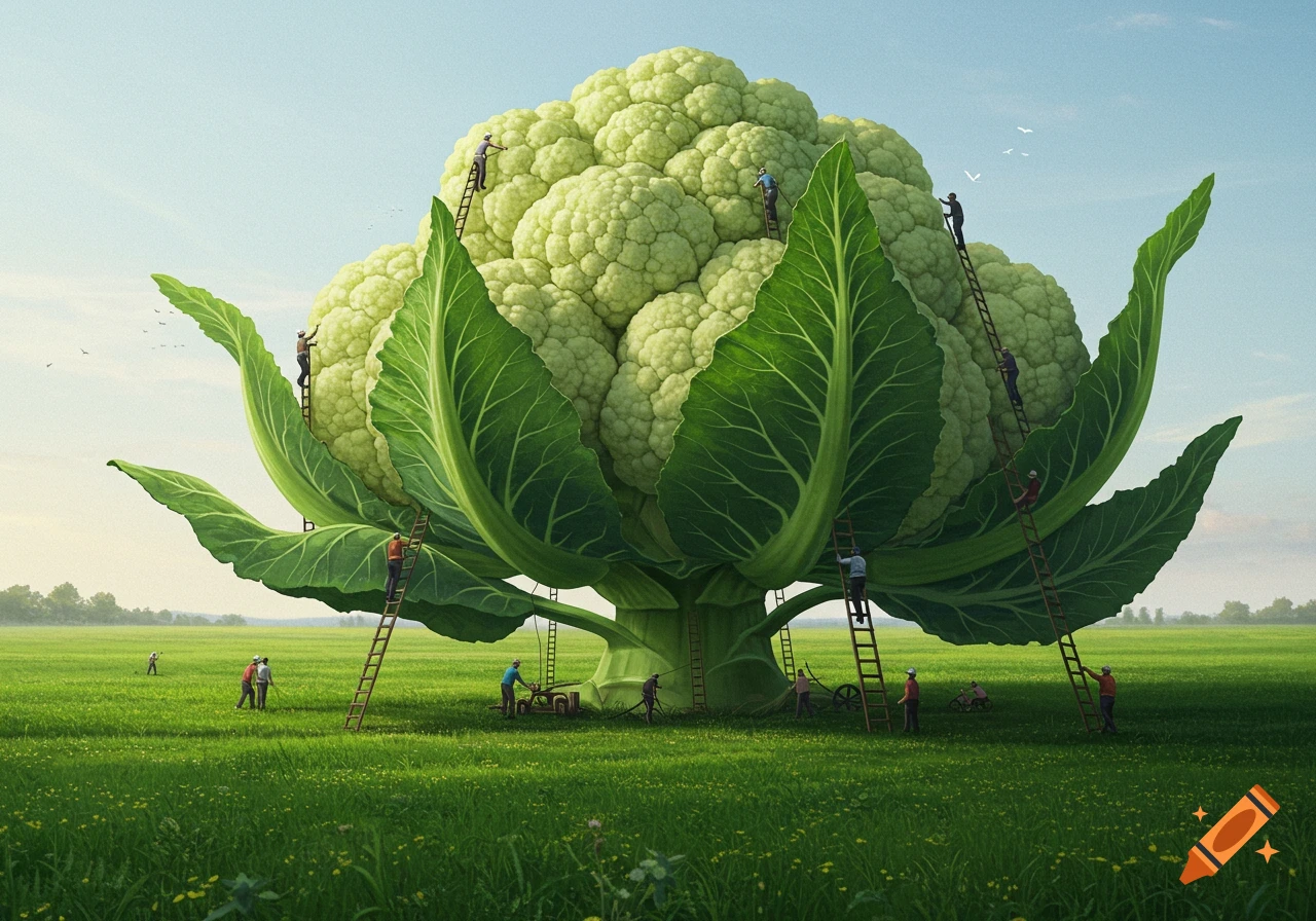 People climb a giant cauliflower in a green field, some working at its ...