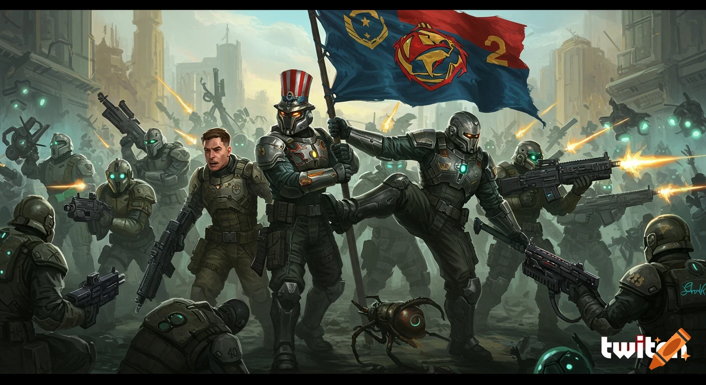 An epic sci-fi battle scene with futuristic soldiers in power armor ...