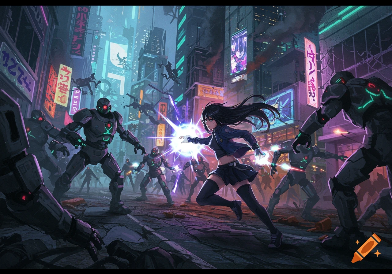 An anime girl fights robots with energy blasts in a dark, neon-lit ...