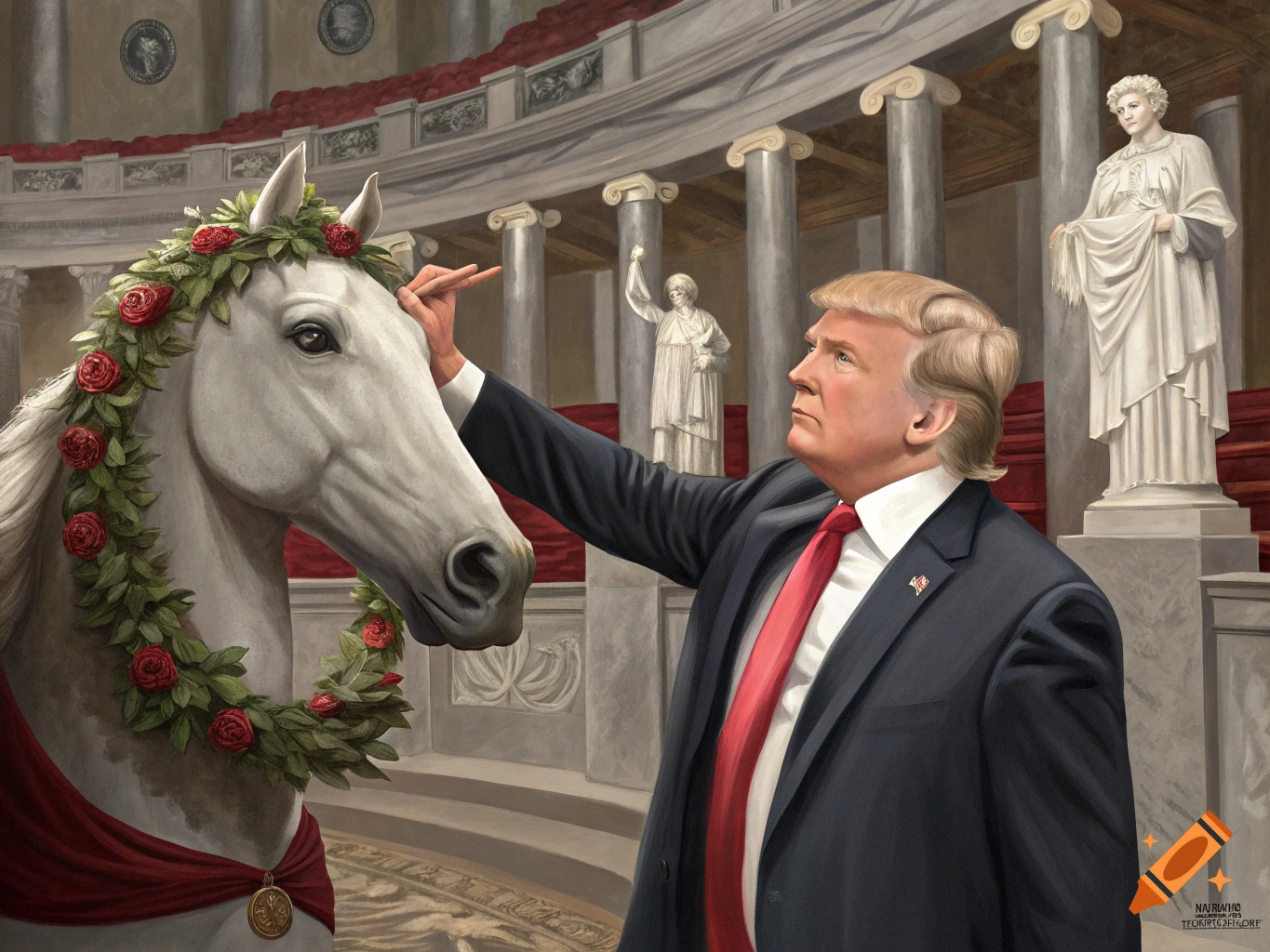 Donald Trump places a wreath on a white horse's head in a grand Roman ...