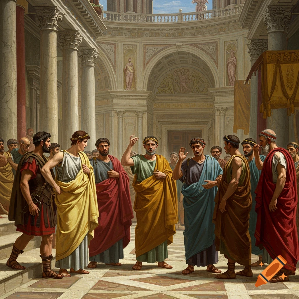 A classical painting depicts a group of Roman men in togas and armor ...