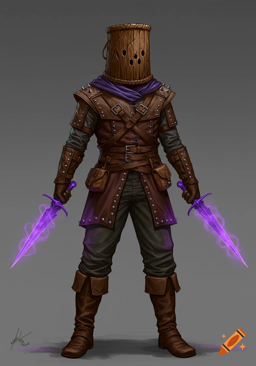 A full-body illustration of a D&D rogue in studded leather armor with a ...