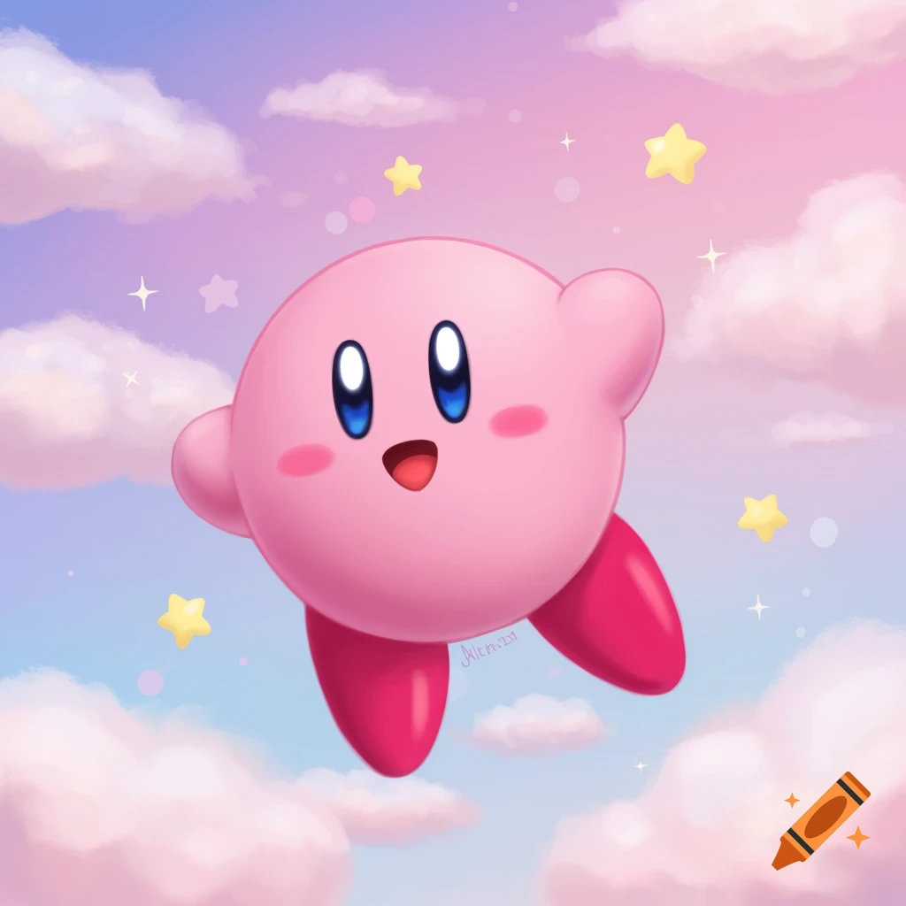 A cute pink Kirby floats in a pastel sky filled with fluffy clouds and ...
