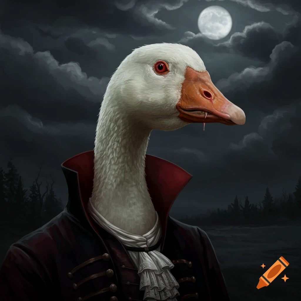 Anthropomorphic goose vampire with red eyes and blood dripping from its ...