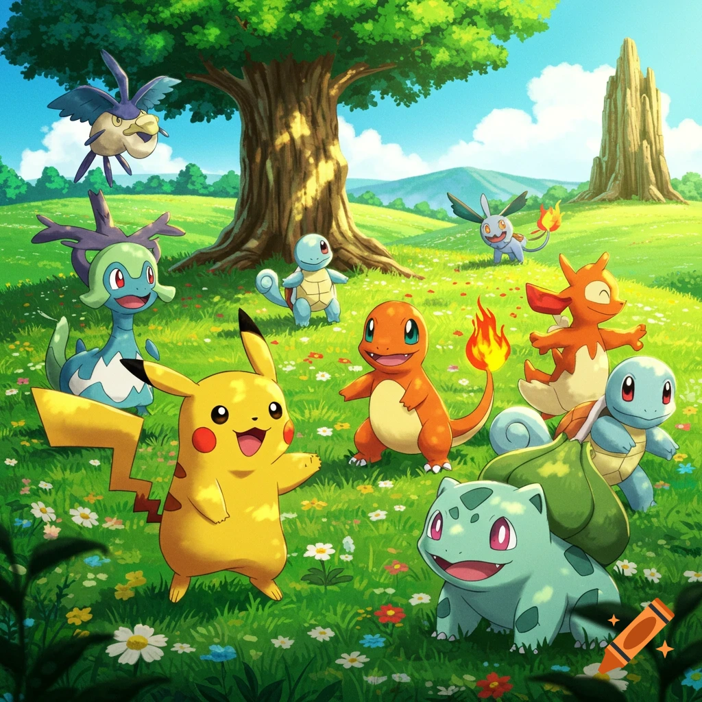A group of diverse Pokemon characters, including Pikachu, Charmander ...