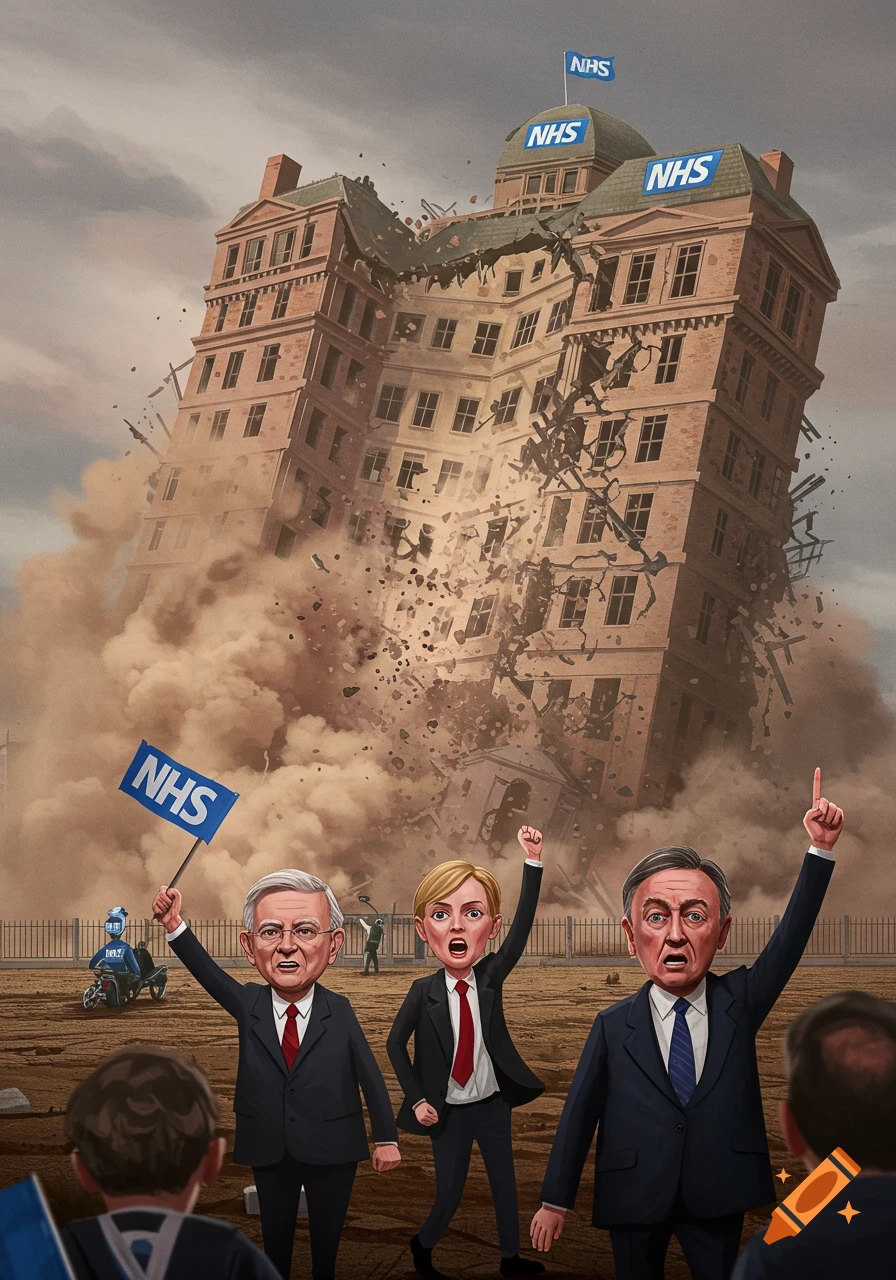 Political cartoon of a large NHS building collapsing, with three ...