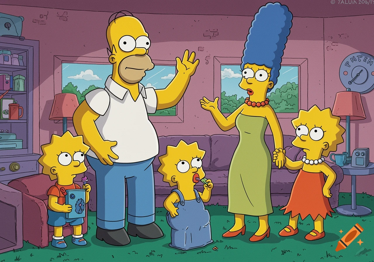 The Simpsons family in their living room, featuring Homer, Marge, and ...