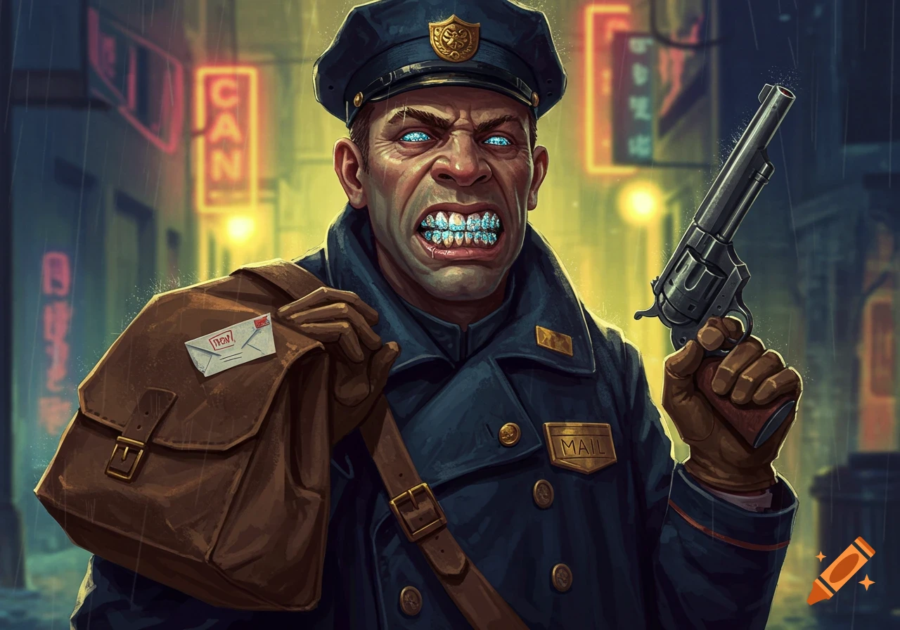 A gritty, stylized illustration of a postman with glowing blue eyes ...