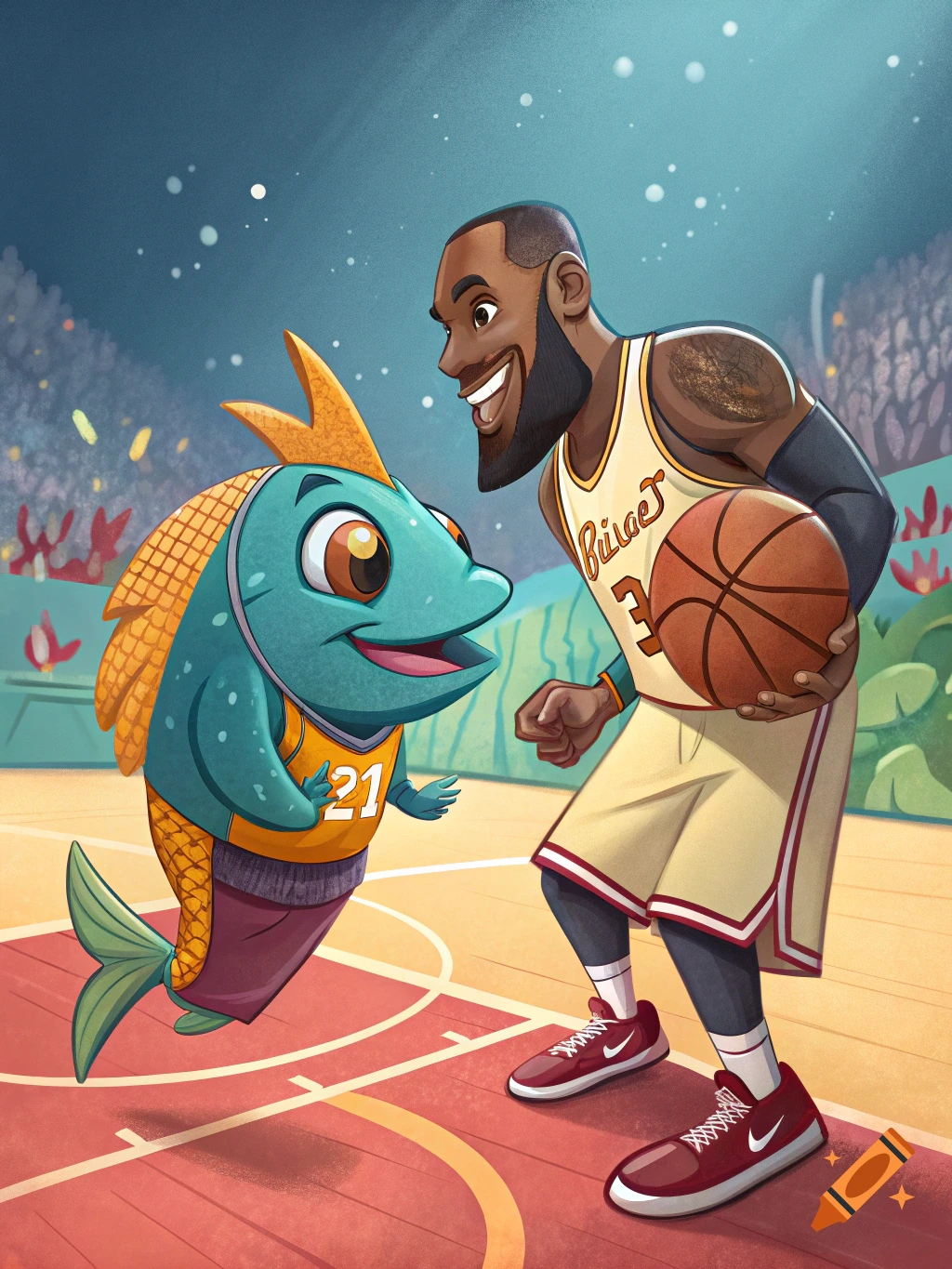 Cartoon Lebron James and a fish in jerseys smiling on a basketball ...