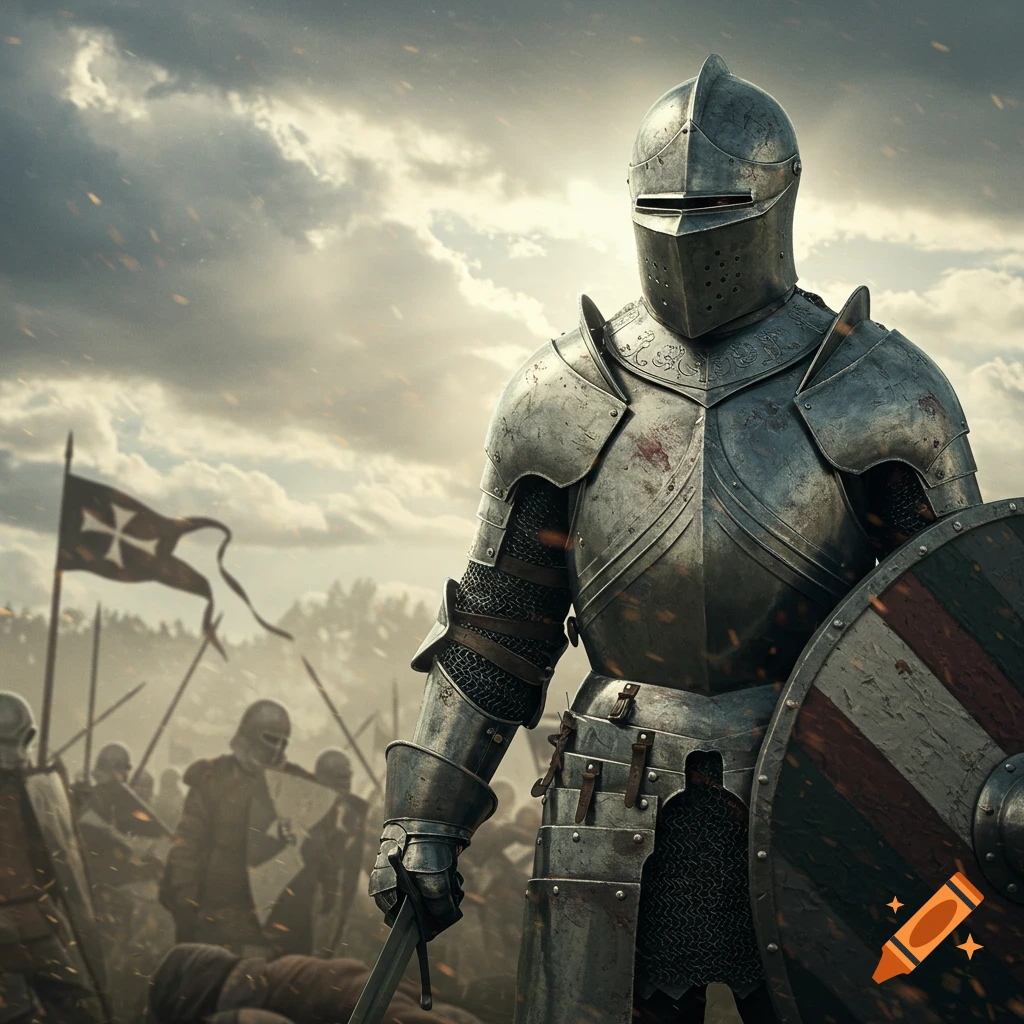 A photorealistic knight in full plate armor holding a sword and shield on a battlefield under a ...