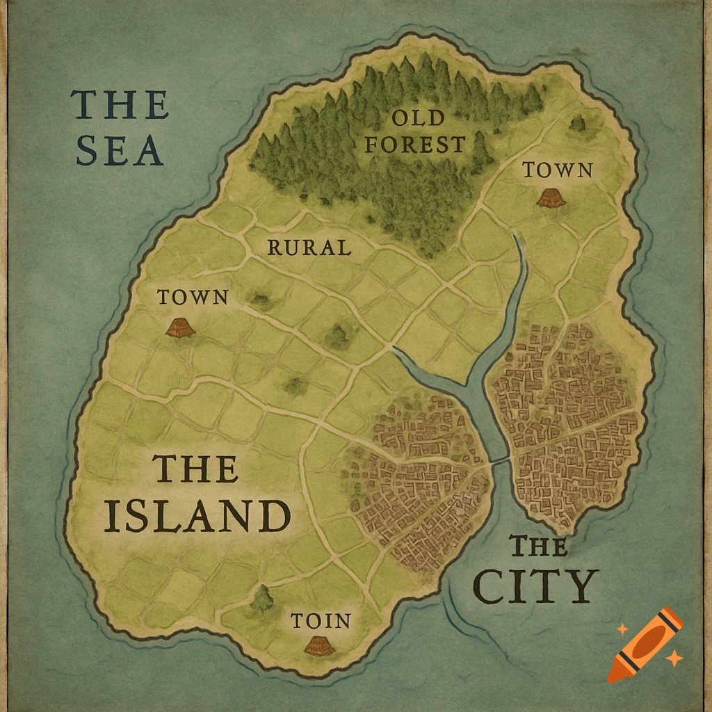 A stylized, top-down map of an island featuring a large city, rural ...