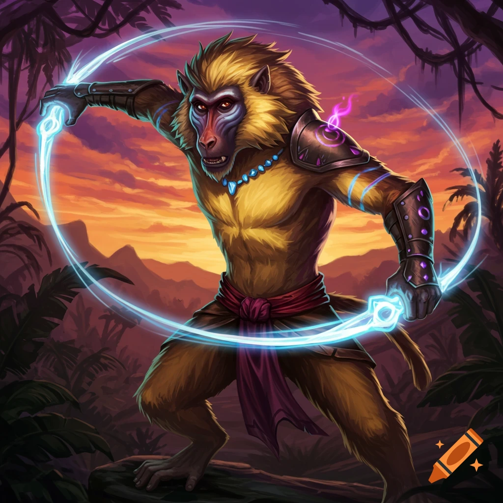 A powerful baboon-like fantasy ranger with glowing chakrams stands in a ...