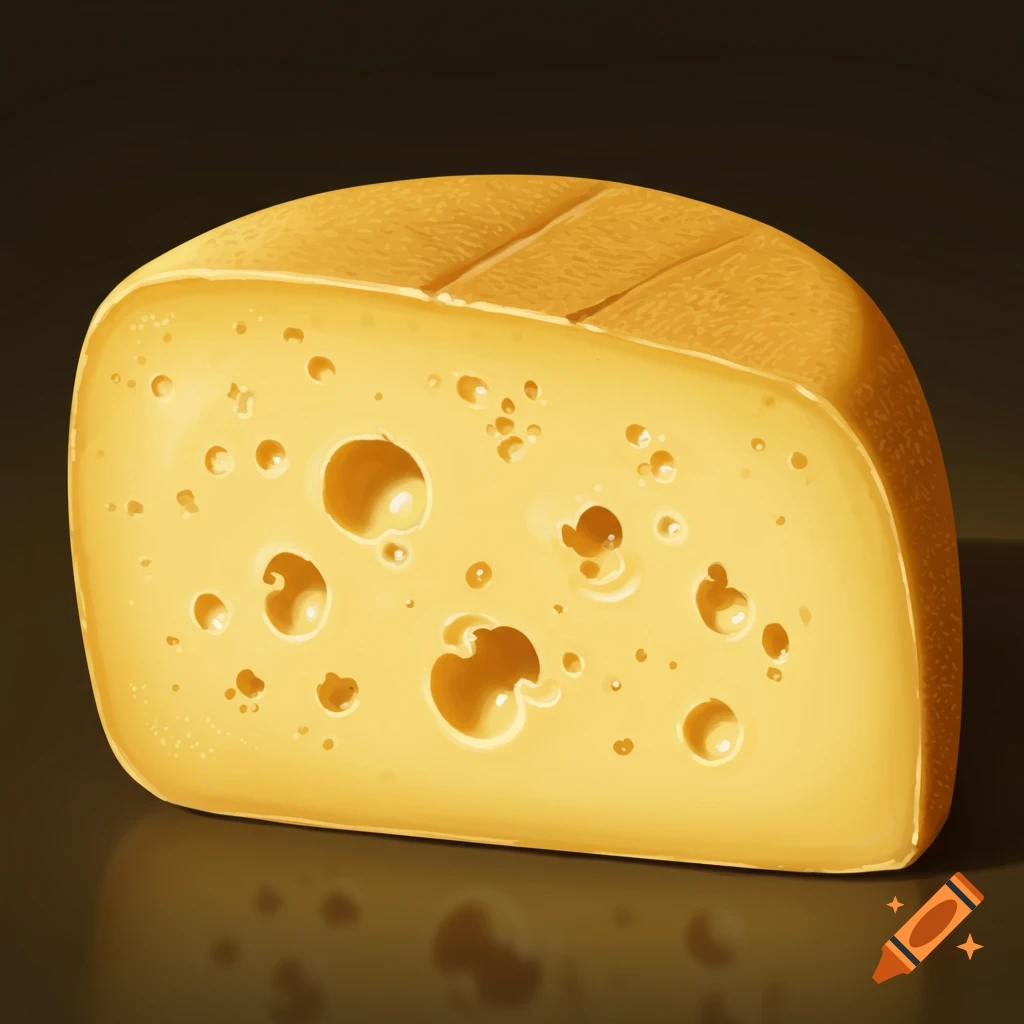 A large wedge of yellow Swiss cheese with many holes, sitting on a dark reflective surface. on ...