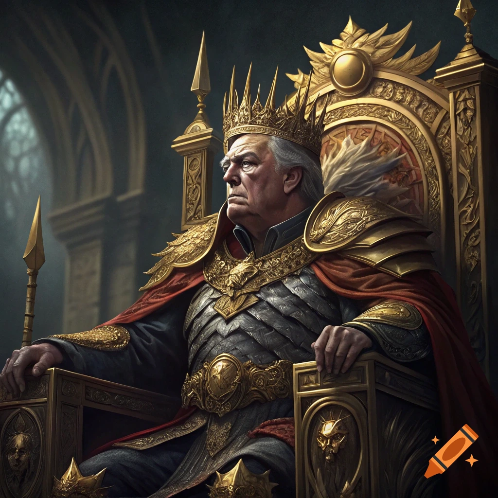 A photorealistic depiction of an armored emperor with a crown sitting ...