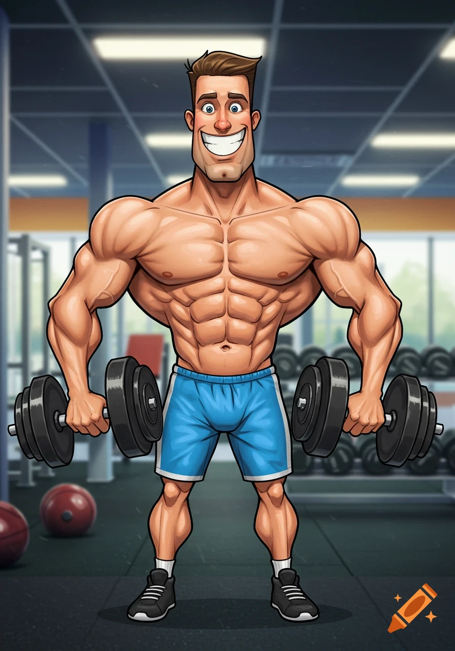 Cartoon man with large muscles and a six-pack holding dumbbells in a ...
