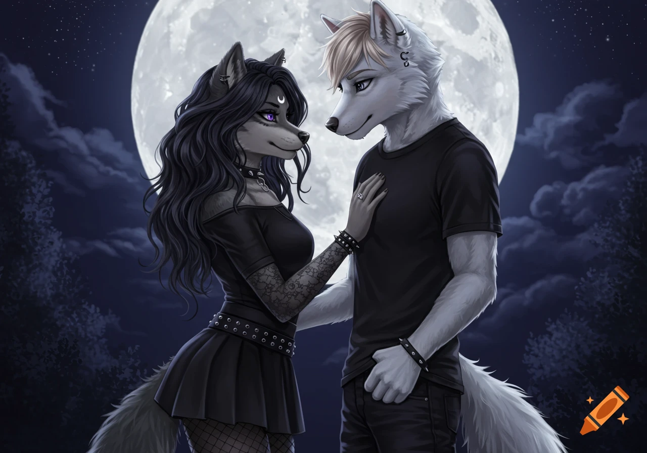 Two anthropomorphic wolves in goth/punk attire, a dark-furred female ...