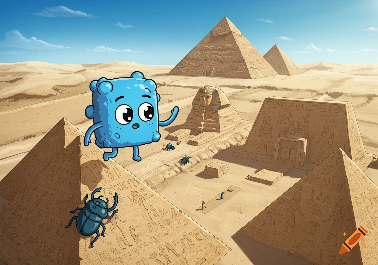 A blue cartoon creature stands on a pyramid, looking at the Sphinx and ...