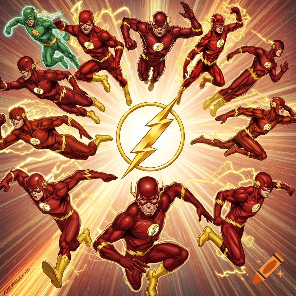 Multiple versions of the superhero The Flash in a dynamic circular ...